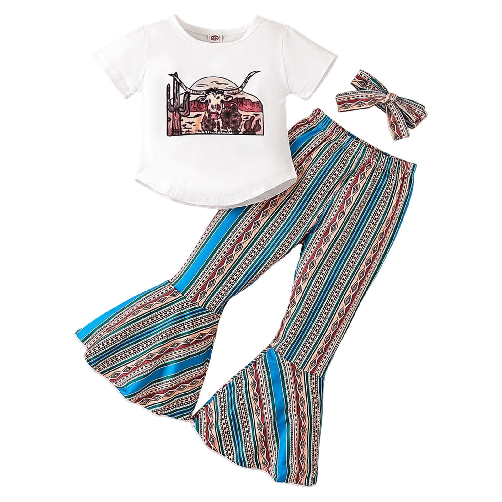 Little Girls' Outfits Summer Short Sleeve Letter Cow Prints Tops Pants Two Pieces Children ...