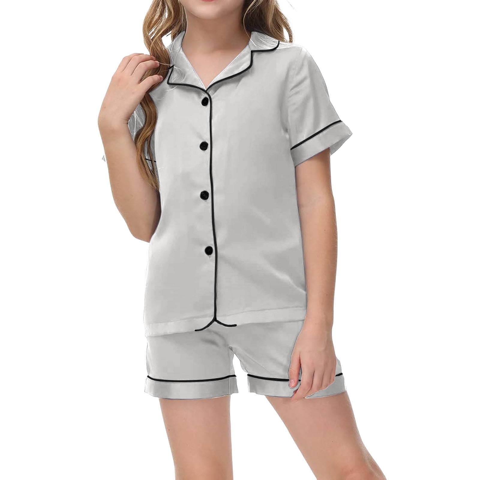Little Girls Pajamas Set Silk Satin Short Sleeve Button Down Top Shorts ...