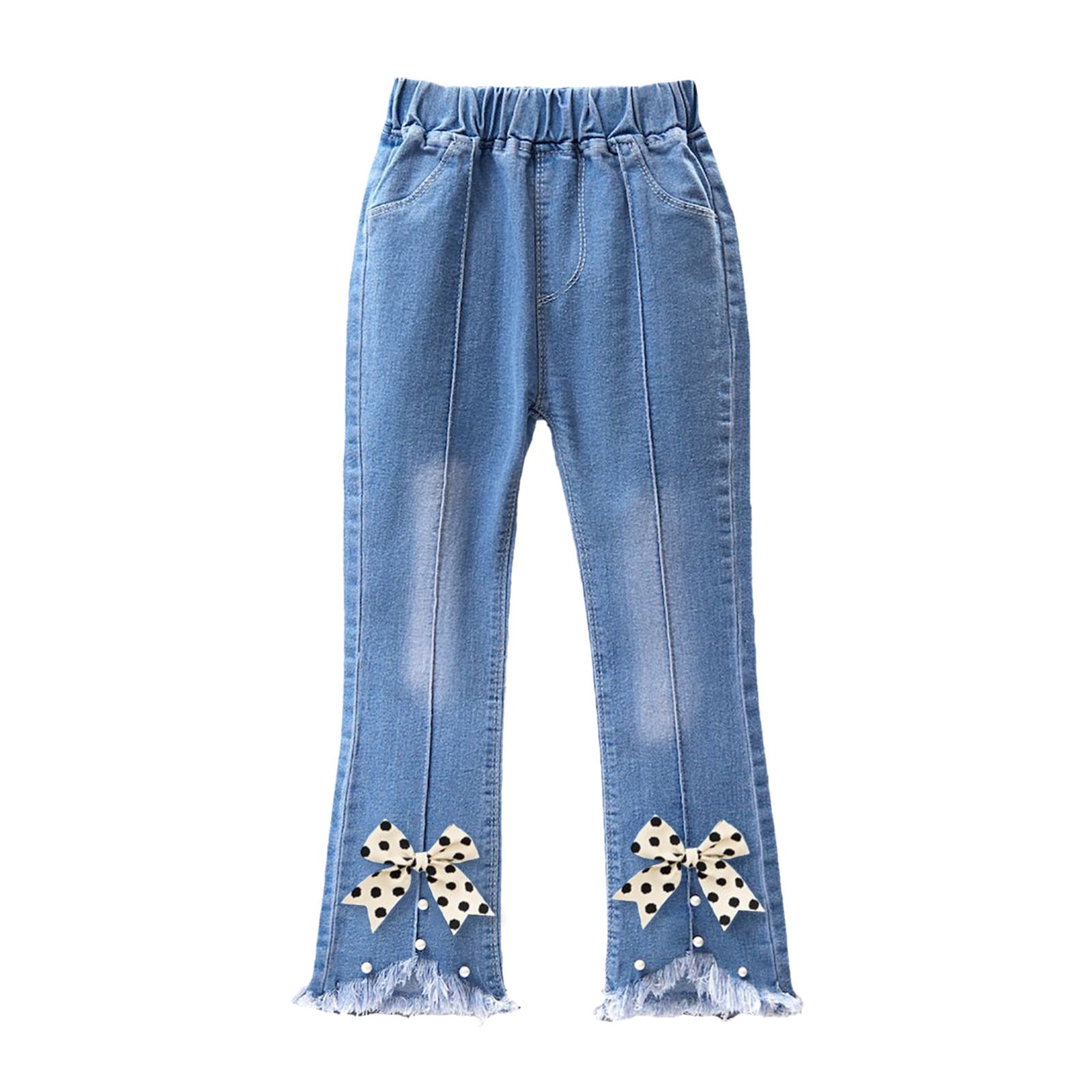 Little Girls Pearl Bow Embroidered Jeans Wide Leg Flare Denim Pants ...