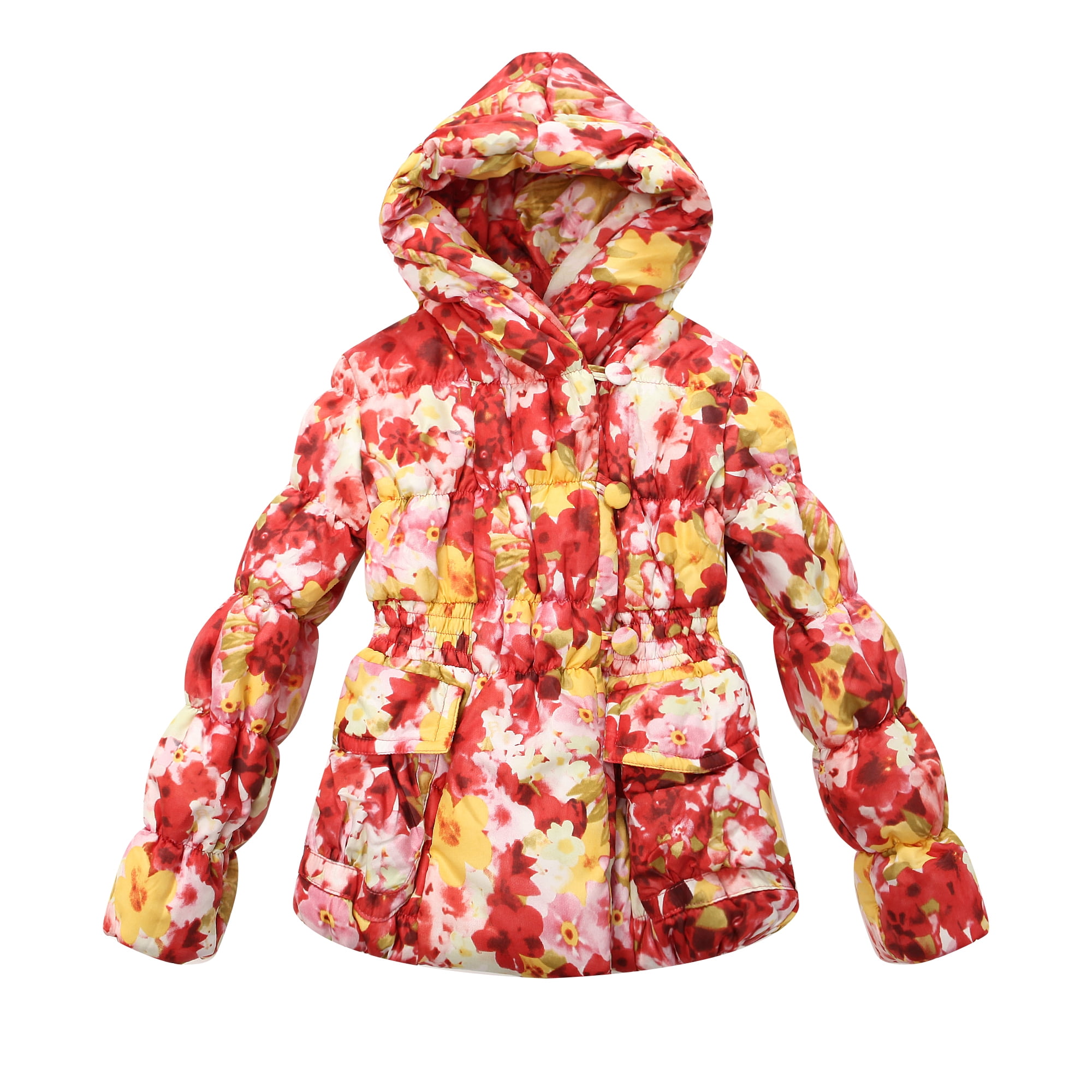 Little Girls Red Yellow Floral Print Allover Padded Jacket 3/4 ...