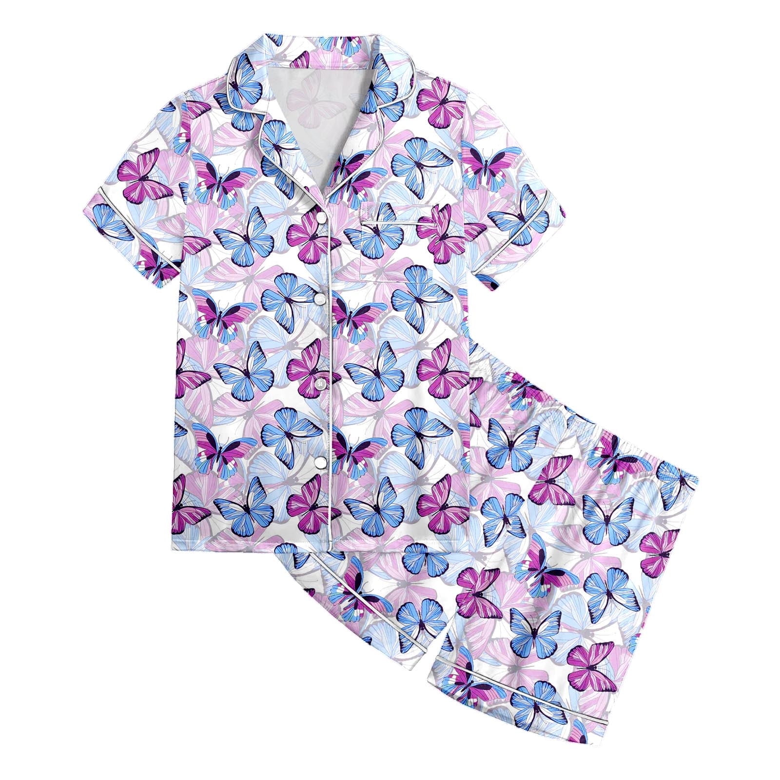 Little Girls Satin Pajamas Butterfly Printed Short Sleeve Button-Down ...