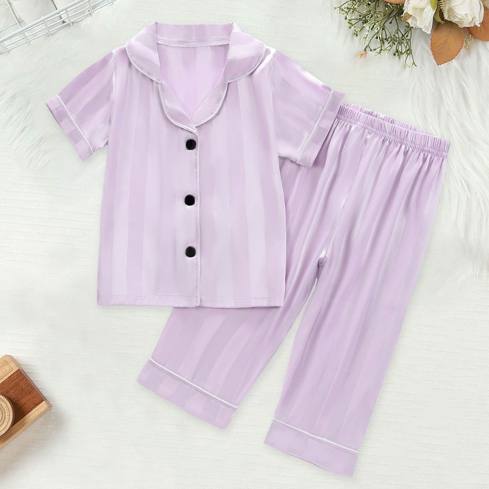 Little Girls Satin Pajamas Short Sleeve Button-Down Nightwear with ...