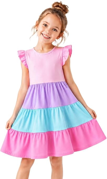 HILEELANG Little Girls Short Sleeve Cotton Dresses, Easter Summer ...