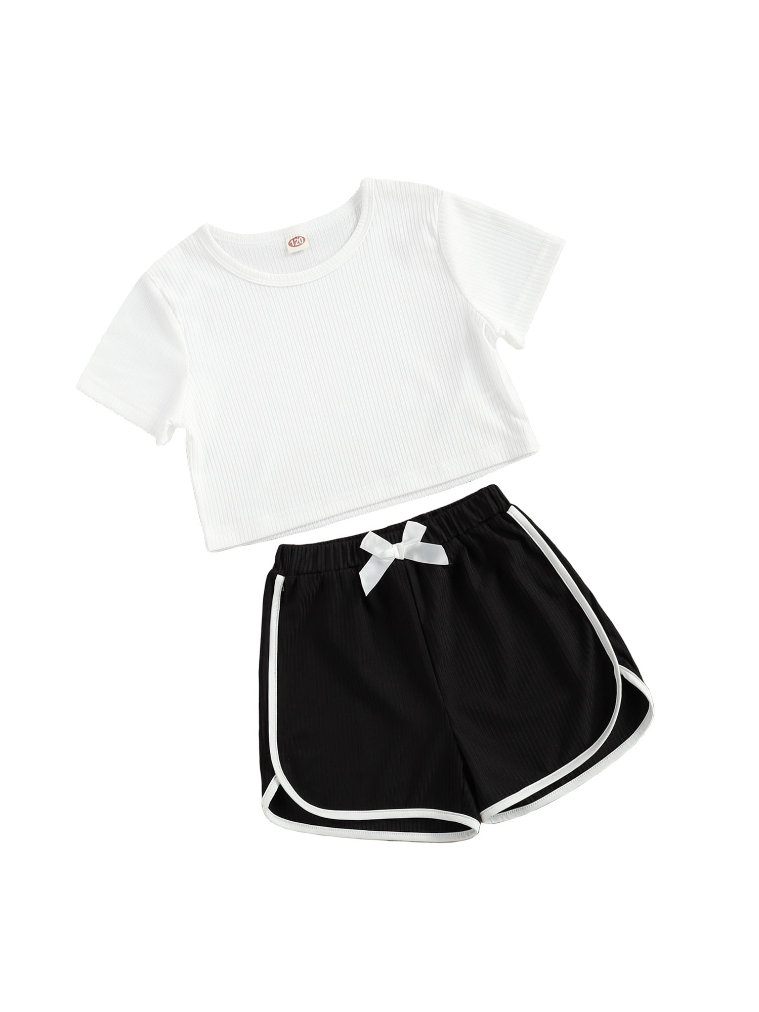 Little Girls Short Sleeve Set Solid Color Ribbed Tops and Patchwork ...