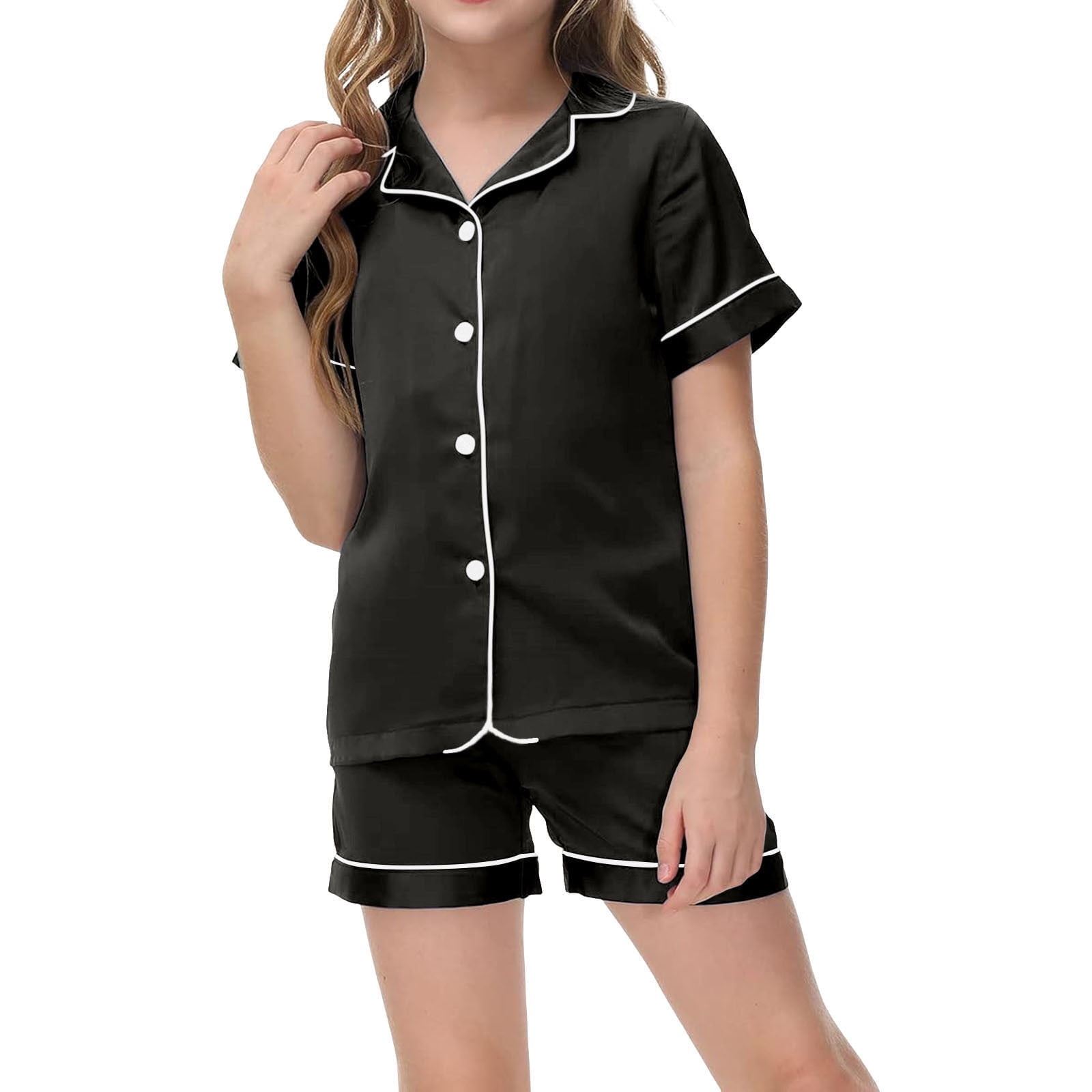 Little Girls Silk Pajamas Short Sleeve Button Down Nightwear with ...