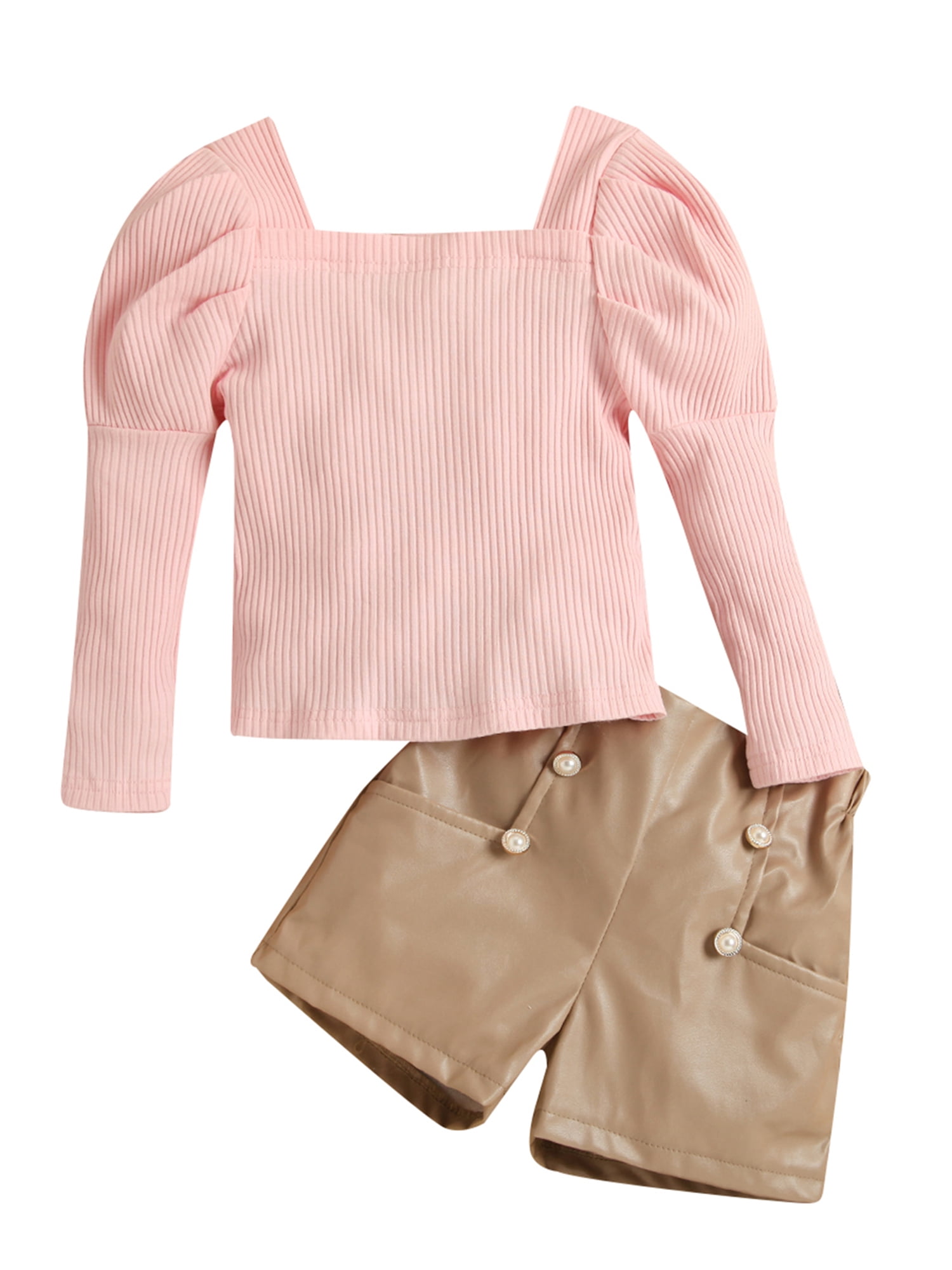 Little Girls Spring Fall Set Ribbed Puff Long Sleeve Square Neck Tops ...
