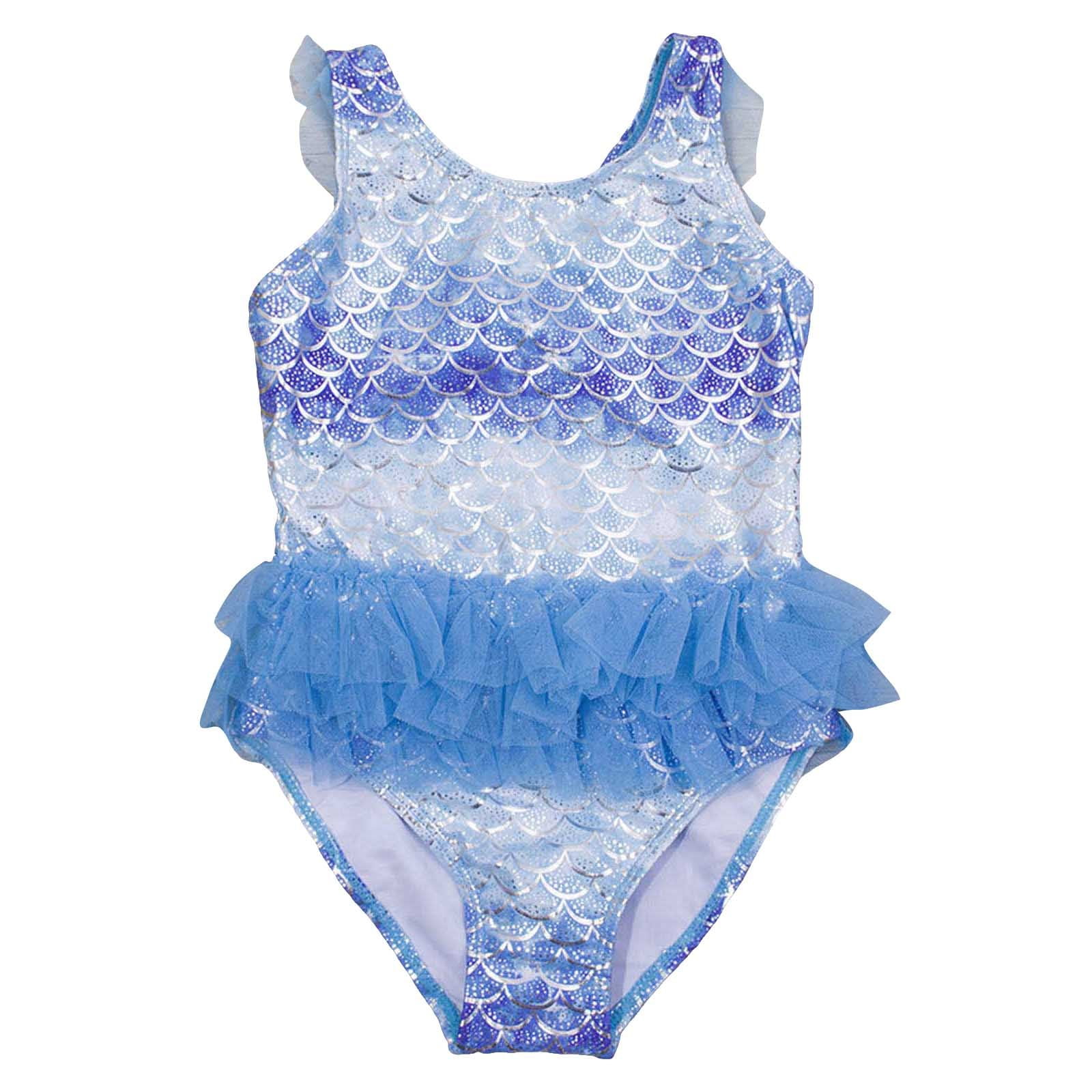 Little Girls Swimsuit Blue Memaid Print One Piece With Lle Skirt ...
