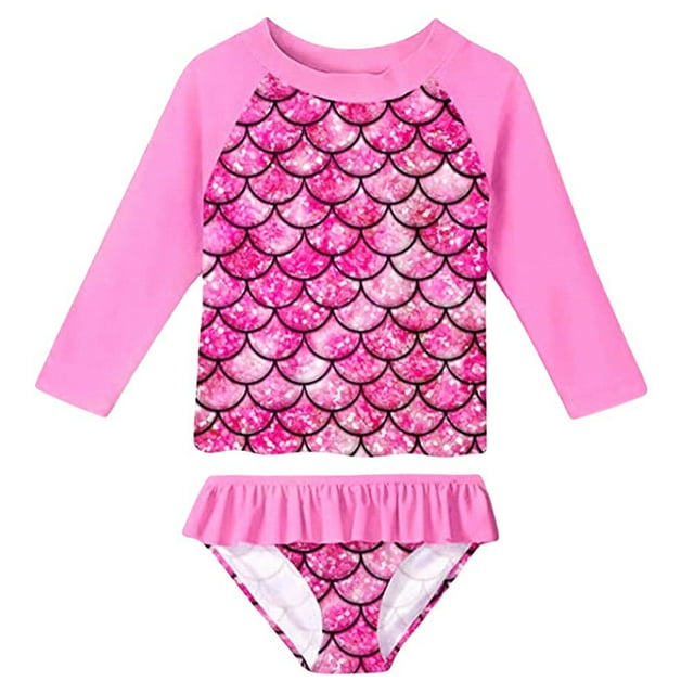 Little Girls Swimsuit Set Long Sleeve Print Sun Protection Bathing ...