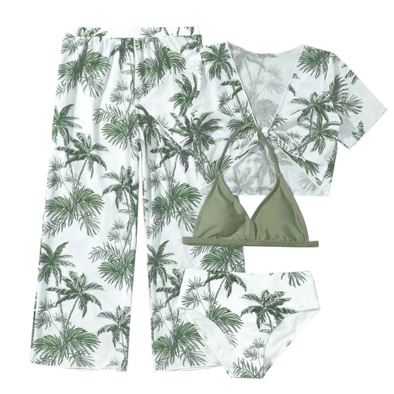 Little Girls Swimsuits Four Piece Tropical Print Halter Bikini With ...
