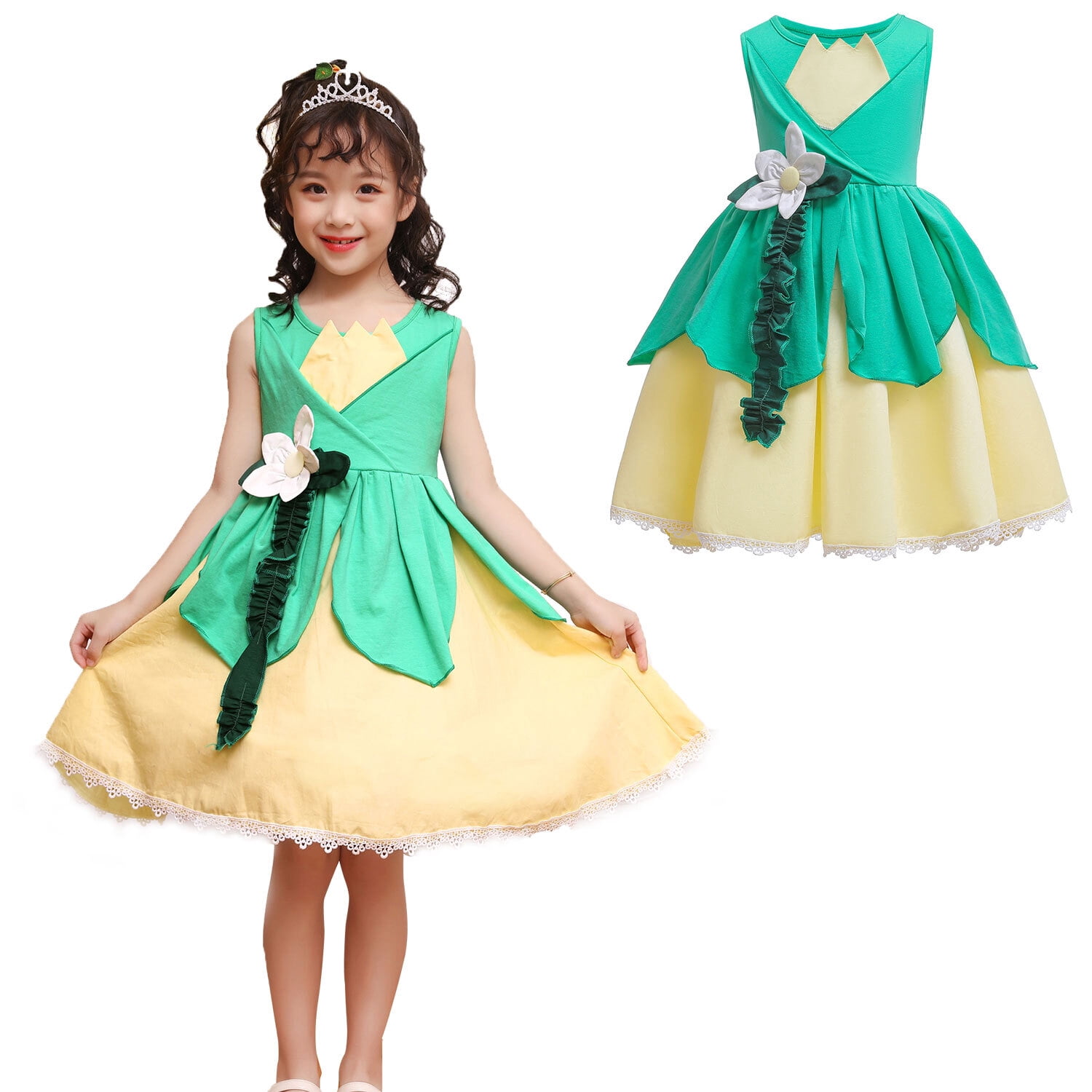 Little Girls Tiana Costume Dress Halloween Princess Fancy Dress Up, 2 ...