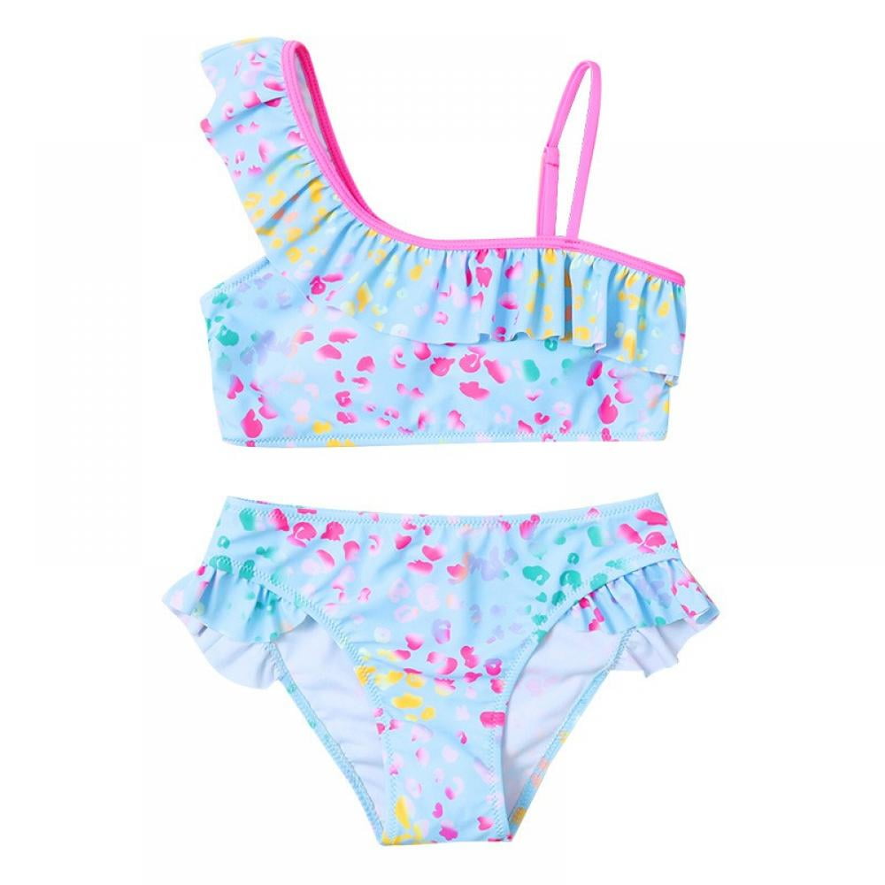 Little Girls Two-pieces Tankini Swimwear One Shoulder Ruffle Swimsuit ...