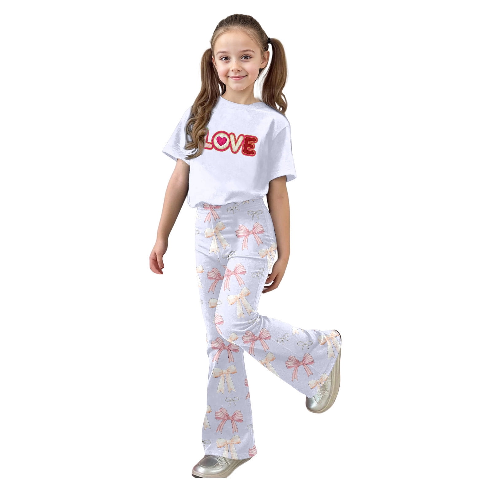 Little Girls Valentine'S Day Outfit Cute Bow Heart Print Short Sleeve ...