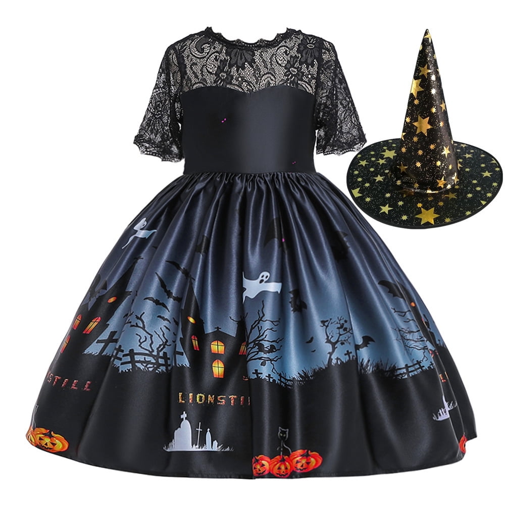 Little Girls Witch Costume with Hat Halloween Princess Lace Dress ...