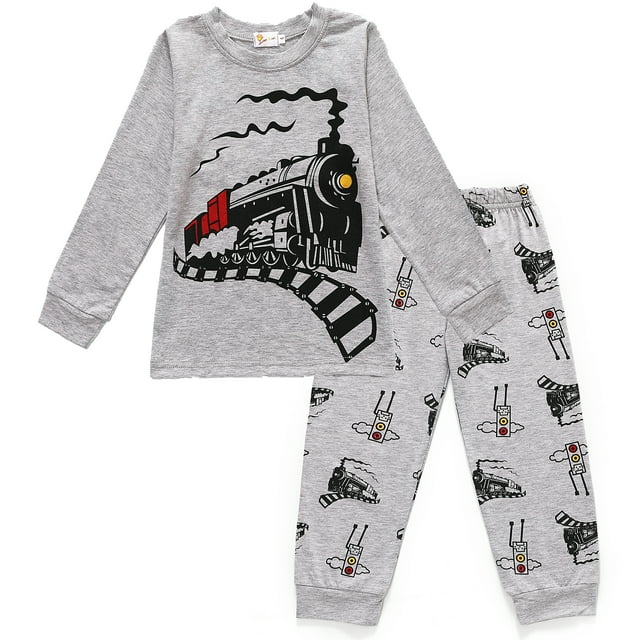 FEDPOP Toddler Boys Long Sleeve Pajamas, 100% Cotton 2 Piece Sleepwear Set, Train Themed, Size ...