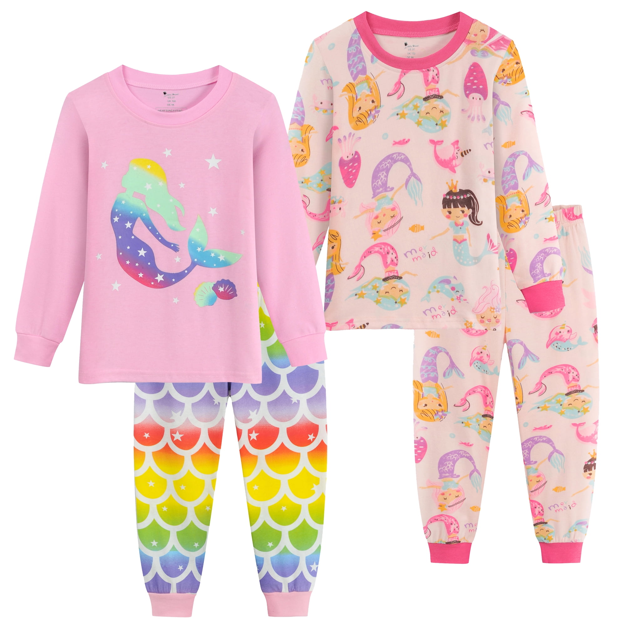 FEDPOP Mermaid Pajamas Girls Kids 4-Piece 100% Cotton Pjs Clothes Sets ...