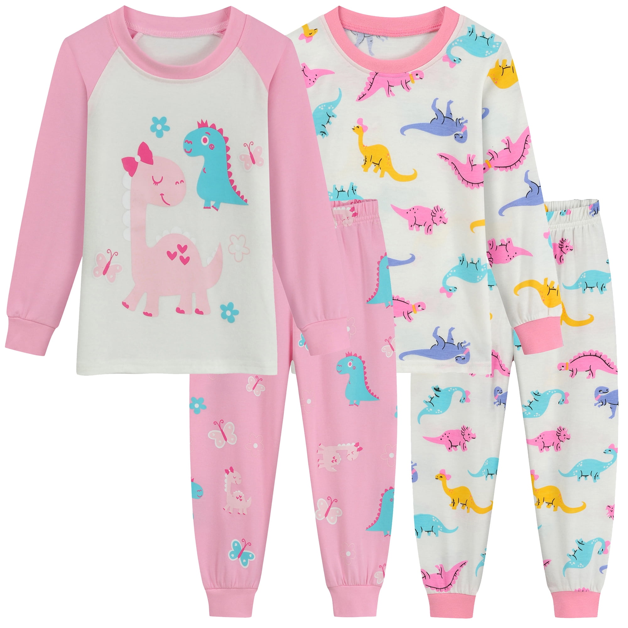 FEDPOP Toddler Girl Dinosaur Pajama 4-Piece Cotton Pjs Sleepwear Sets ...