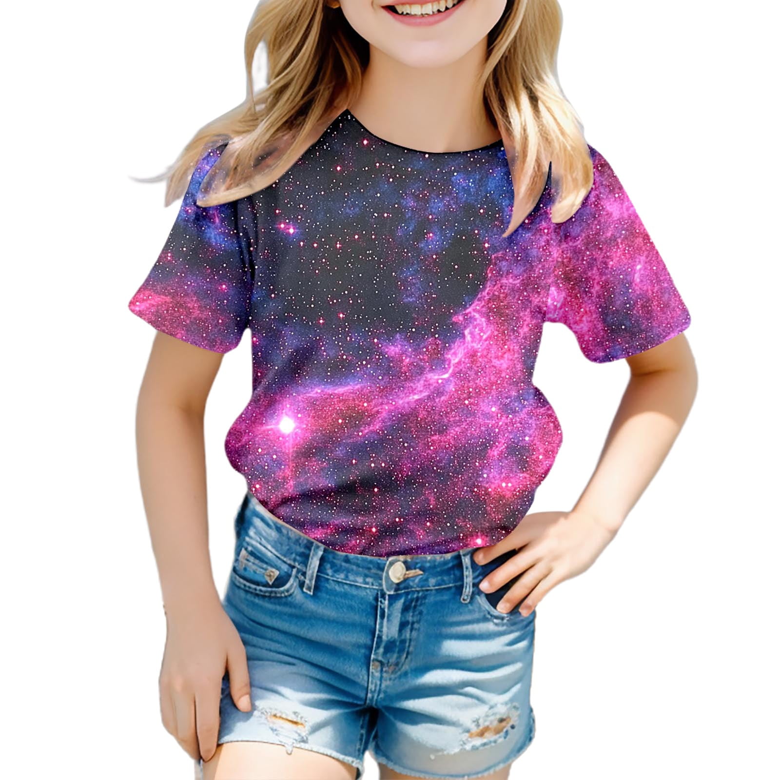 Little Kid Galaxy Shirt Girl's Short Sleeve Crew Neck Fancy T Shirt Top ...