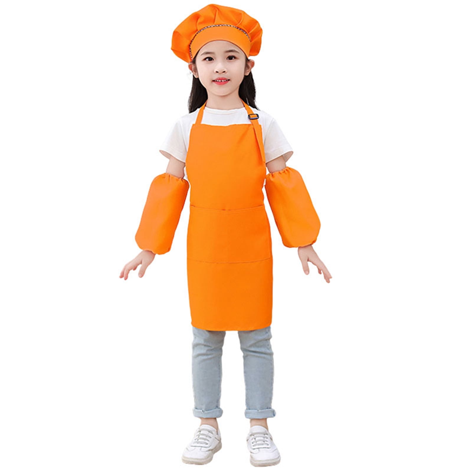 Little Kid Kid Art Smock Solid Color Apron Sleeve And Hat Three Piece ...