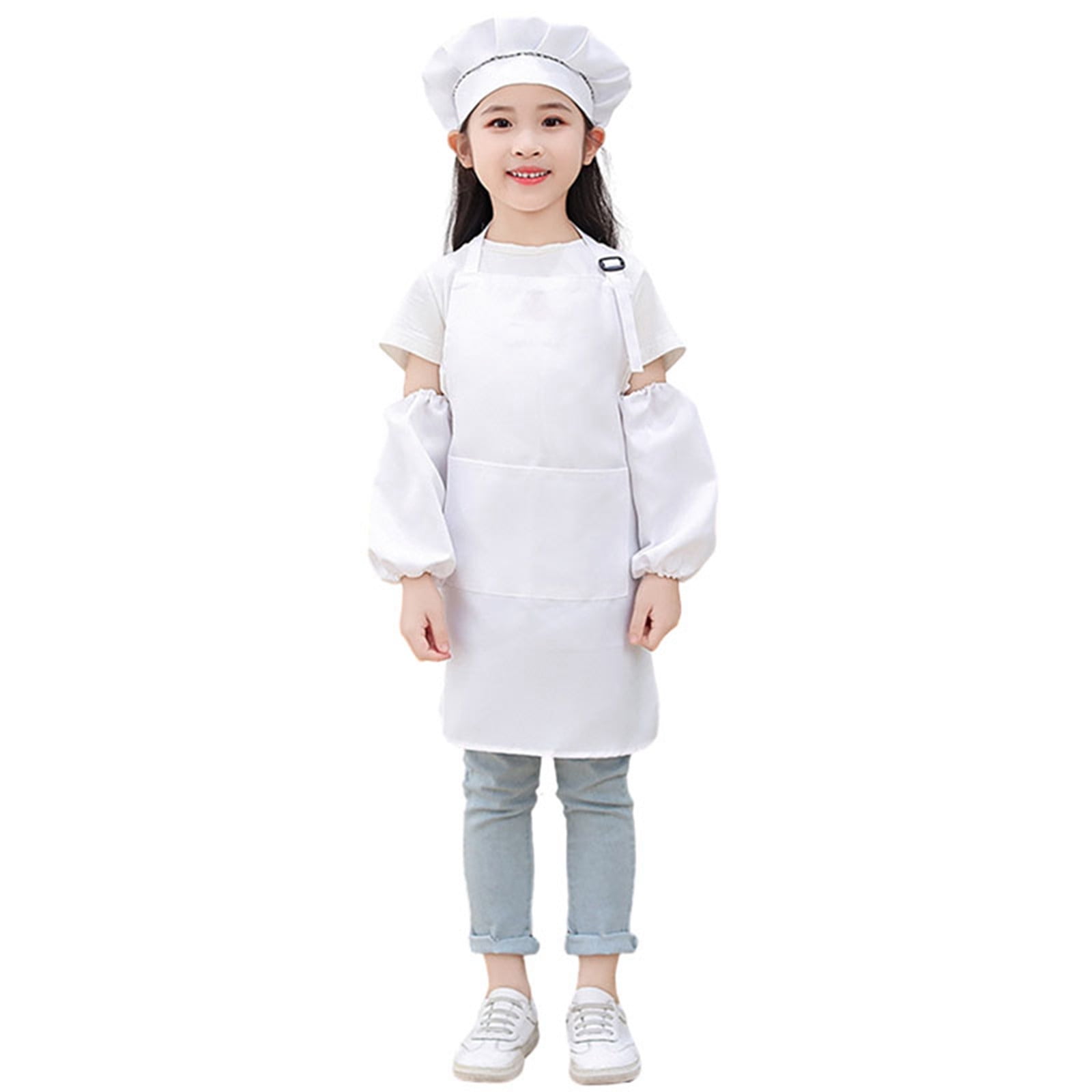 Little Kid Kid Art Smock Solid Color Apron Sleeve And Hat Three Piece ...