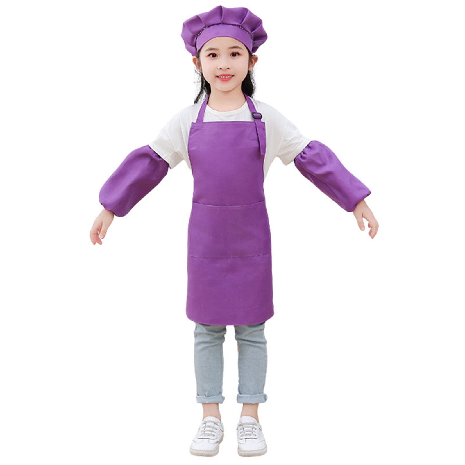 Little Kid Kid Art Smock Solid Color Apron Sleeve And Hat Three Piece ...