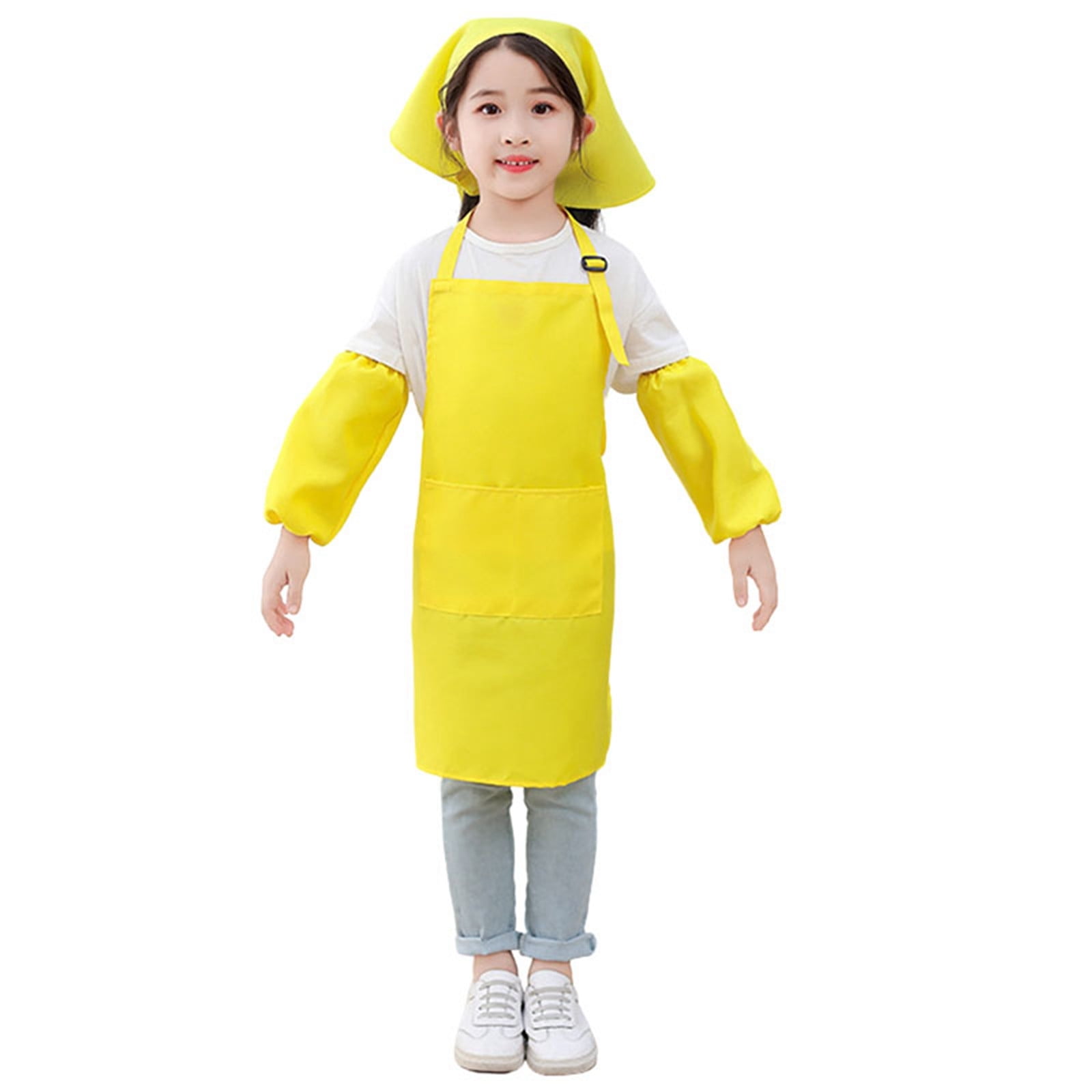 Little Kid Kid Art Smock Solid Color Apron Sleeve And Hat Three Piece ...