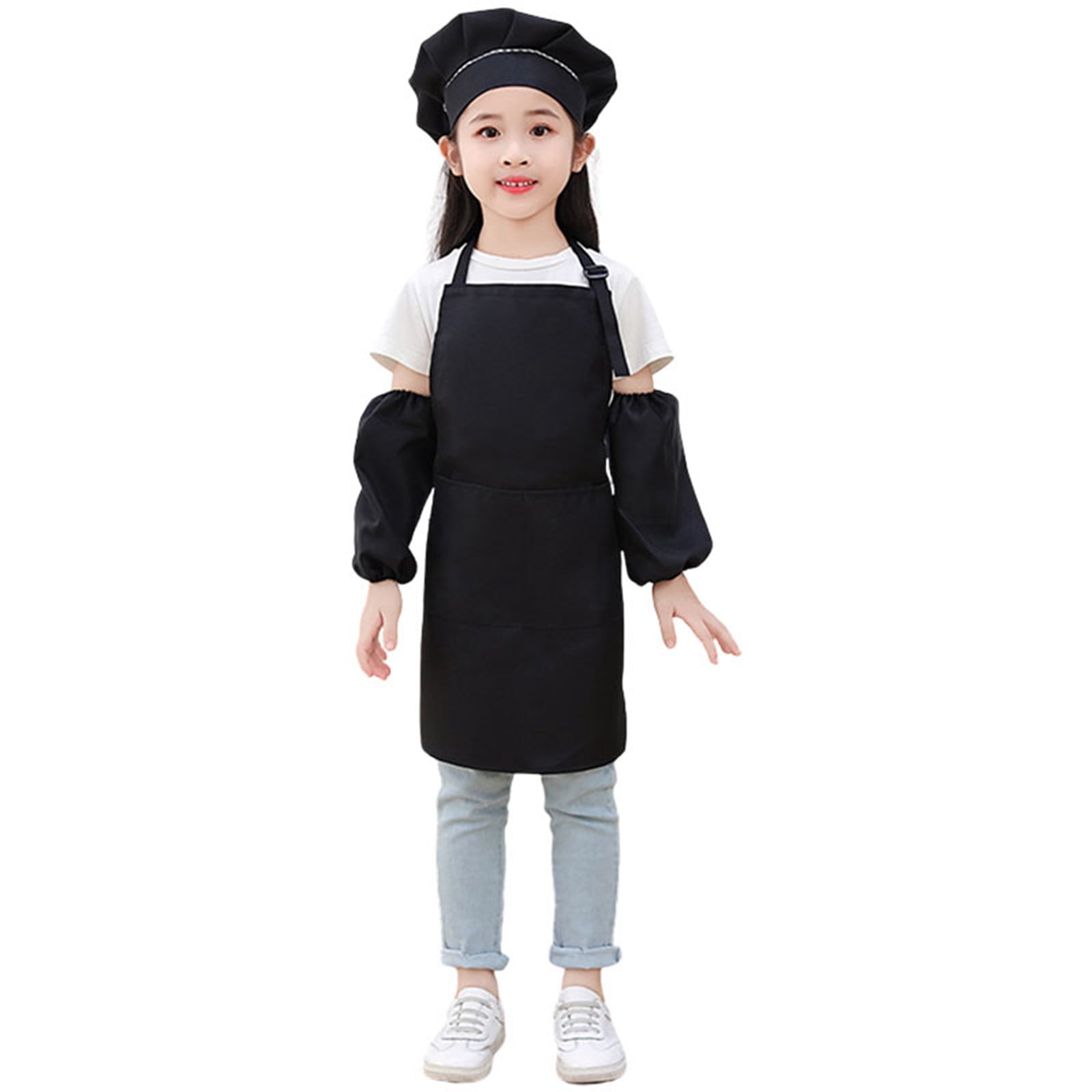 Little Kid Kid Art Smock Solid Color Apron Sleeve And Hat Three Piece ...