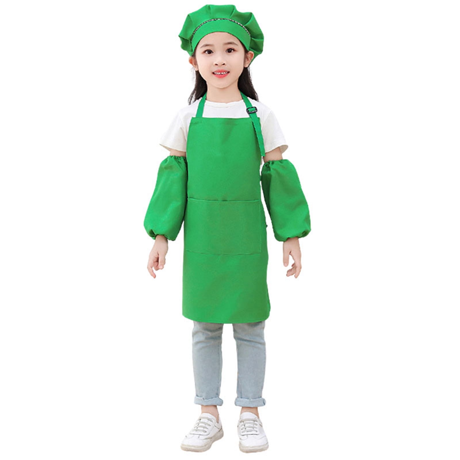 Little Kid Kid Art Smock Solid Color Apron Sleeve And Hat Three Piece ...