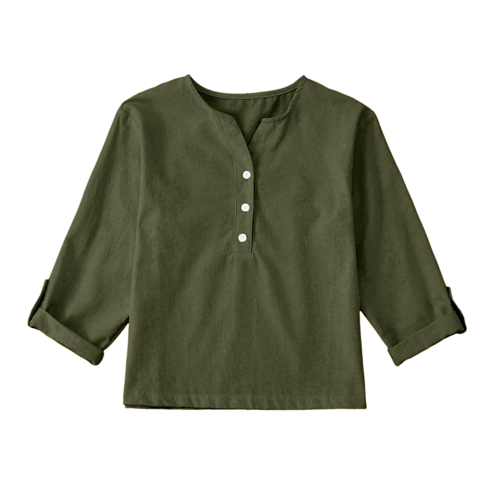 Little Kid Linen Shirts For Girl 3/ 4 Sleeve V Neck Blouses Buttons ...