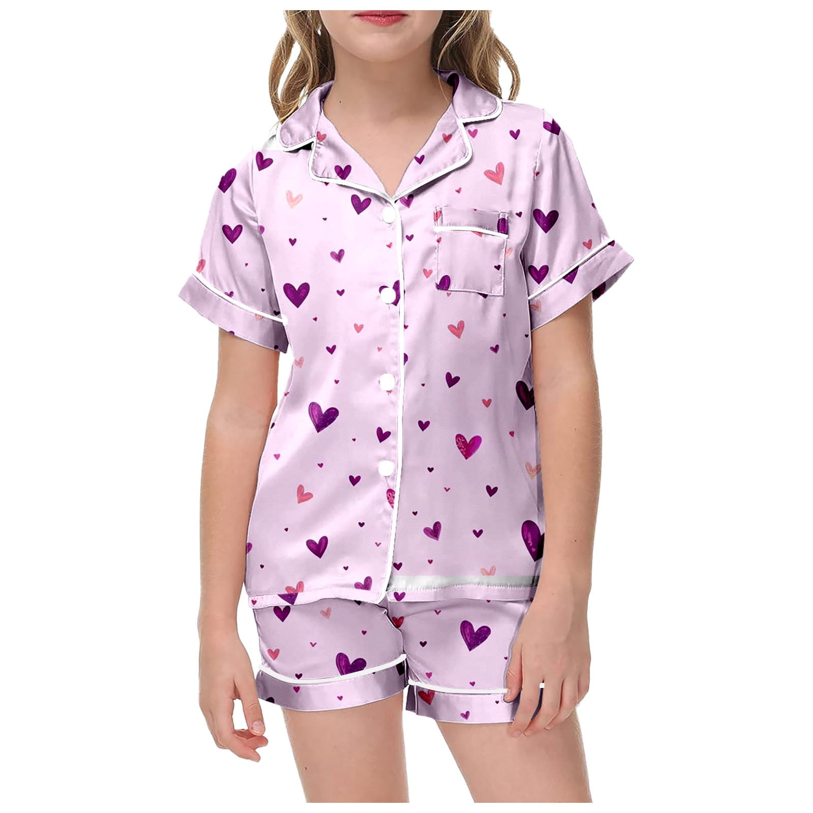 Little Kids Silk Pajamas Girls Button Down Short Set Sleepwear for ...
