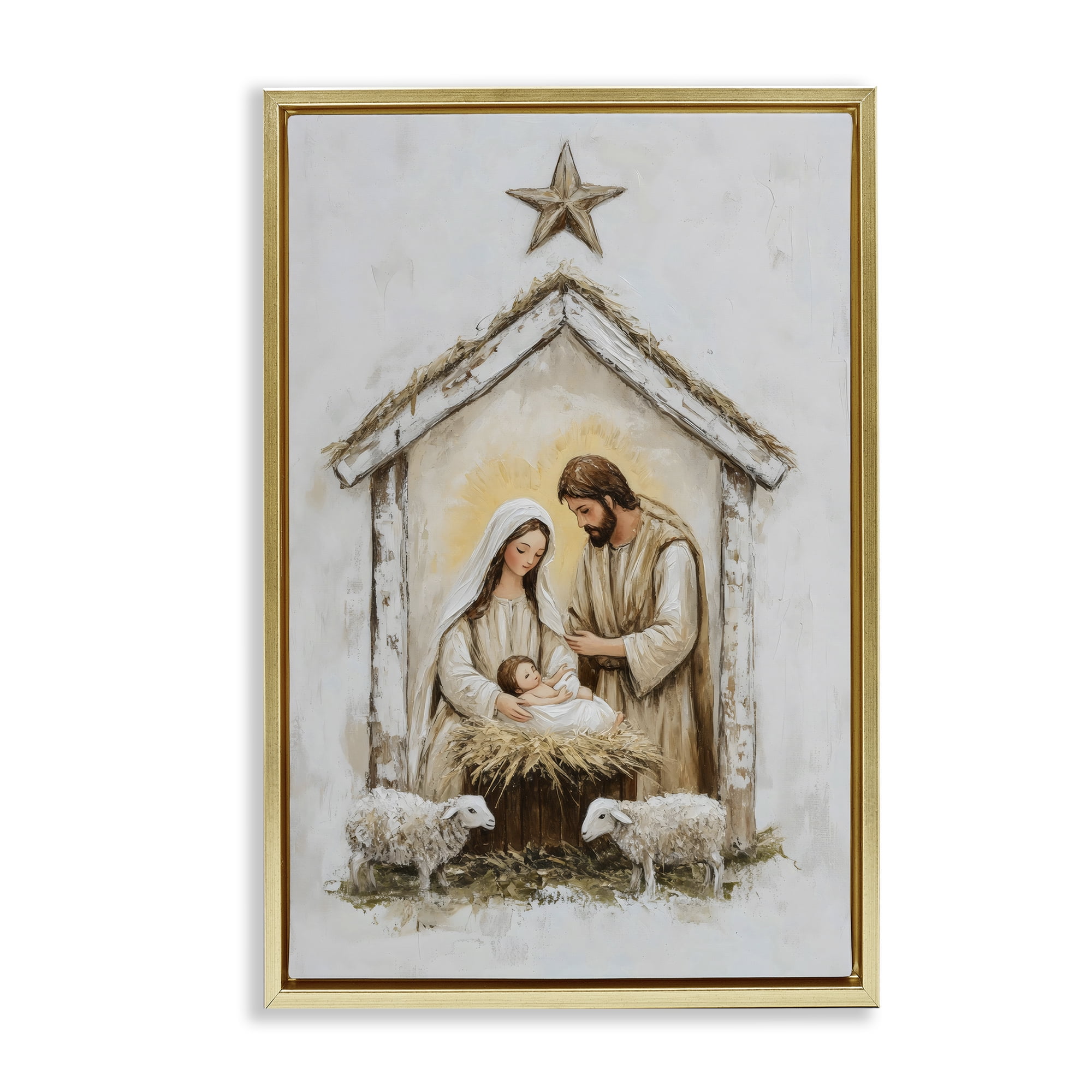 Little Lambs & Nativity Gold Framed Floater Canvas Wall Art, design by ...