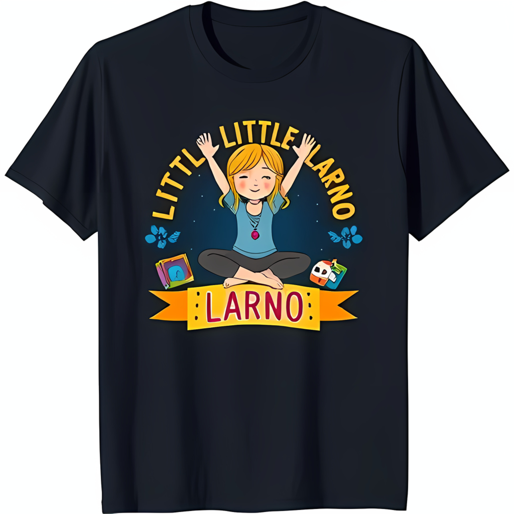 Little Larno Yoga Girl T-Shirt Cute in Blue Shirt & White Surrounded by ...