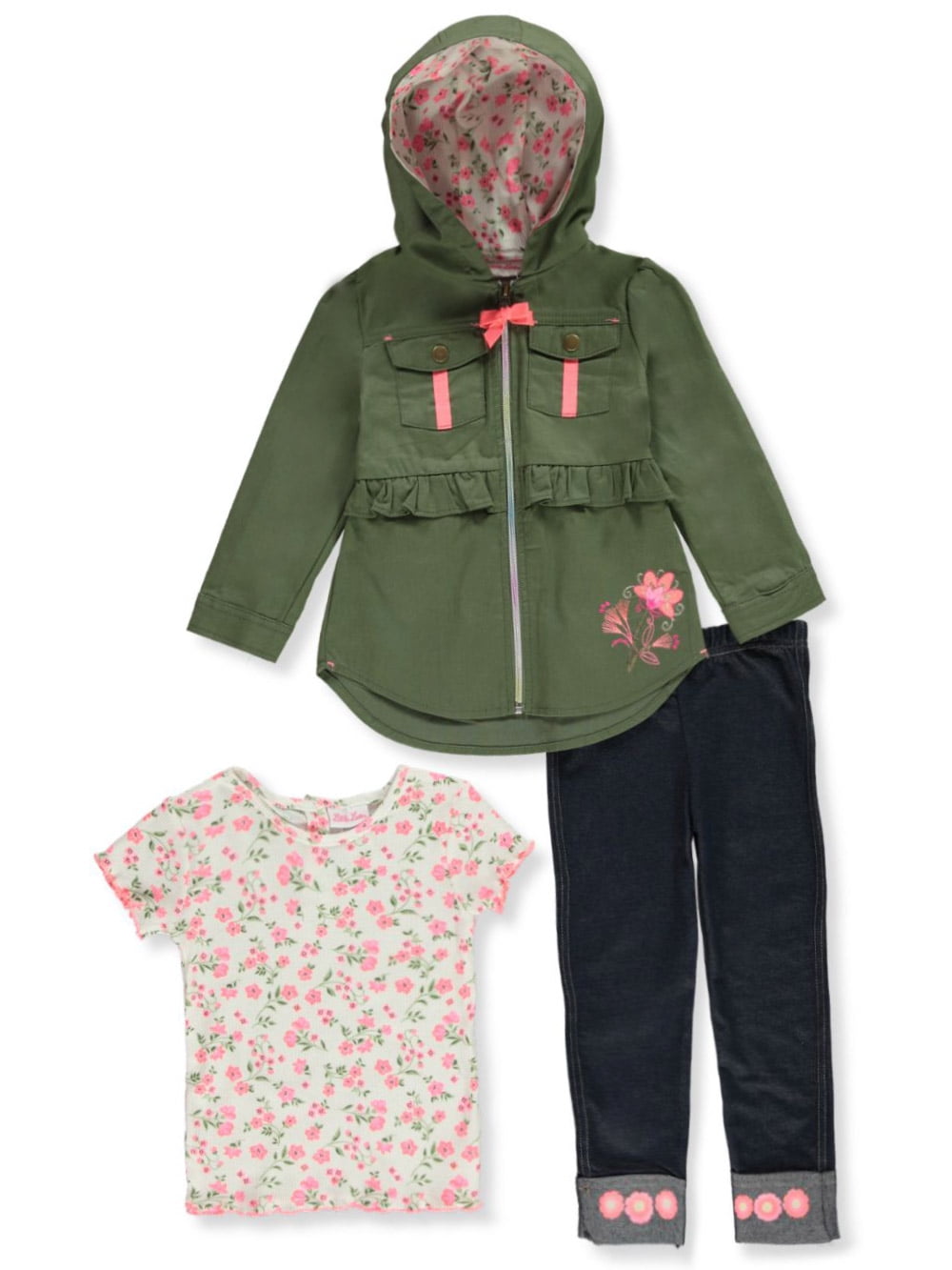 Little Lass Girls' 3-Piece Rose Jacket Set Outfit - olive, 4 (Little ...