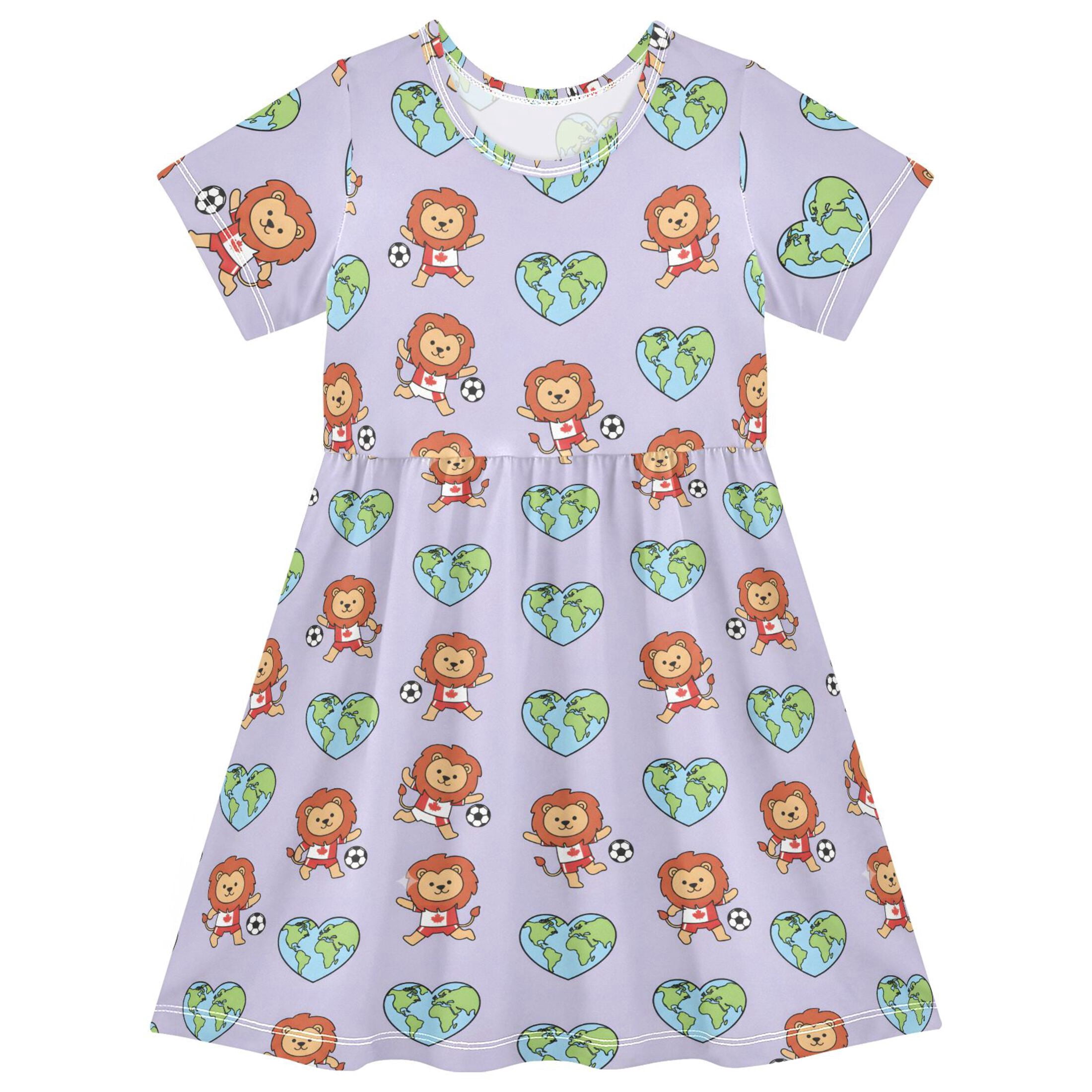 Little Lion Playing Football Short Sleeve Dress A-Line Cute Midi Casual ...