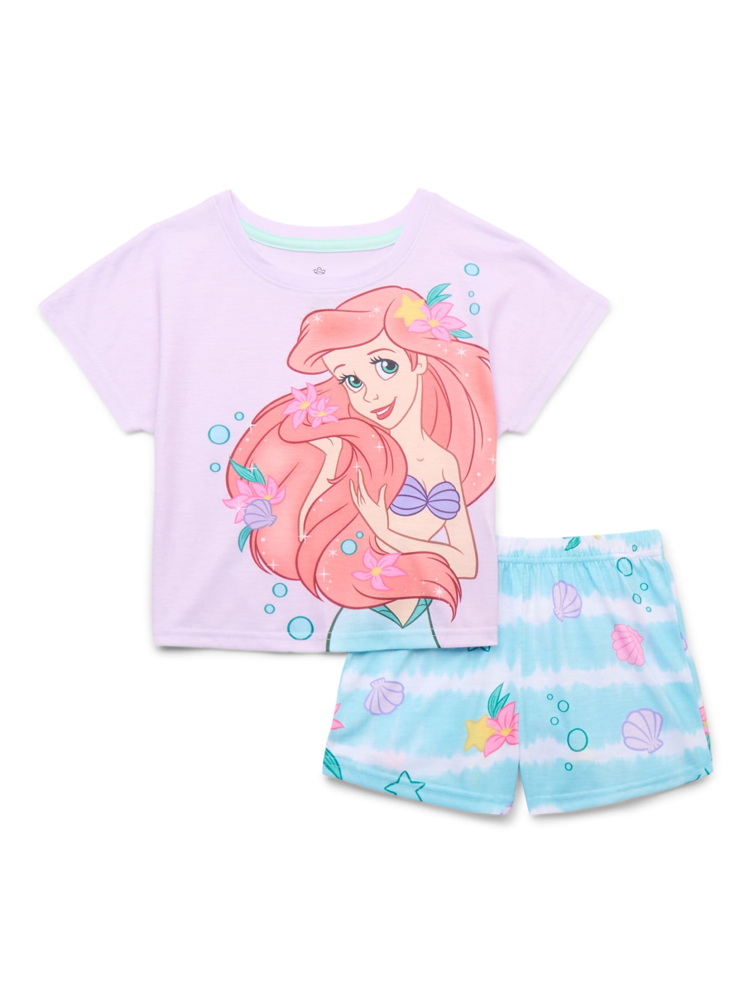 Ariel Little Mermaid Girls PJ Set - Graphic Tee & Tie Dye Shorts, Sizes ...