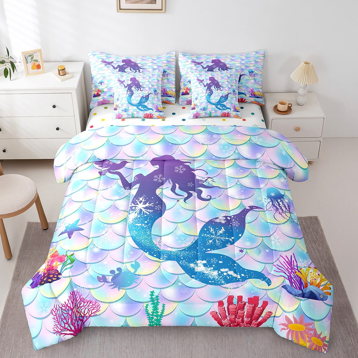 Mermaid Bed in a Bag King Size Comforter Set 7 Pieces,Iridescent Fish ...