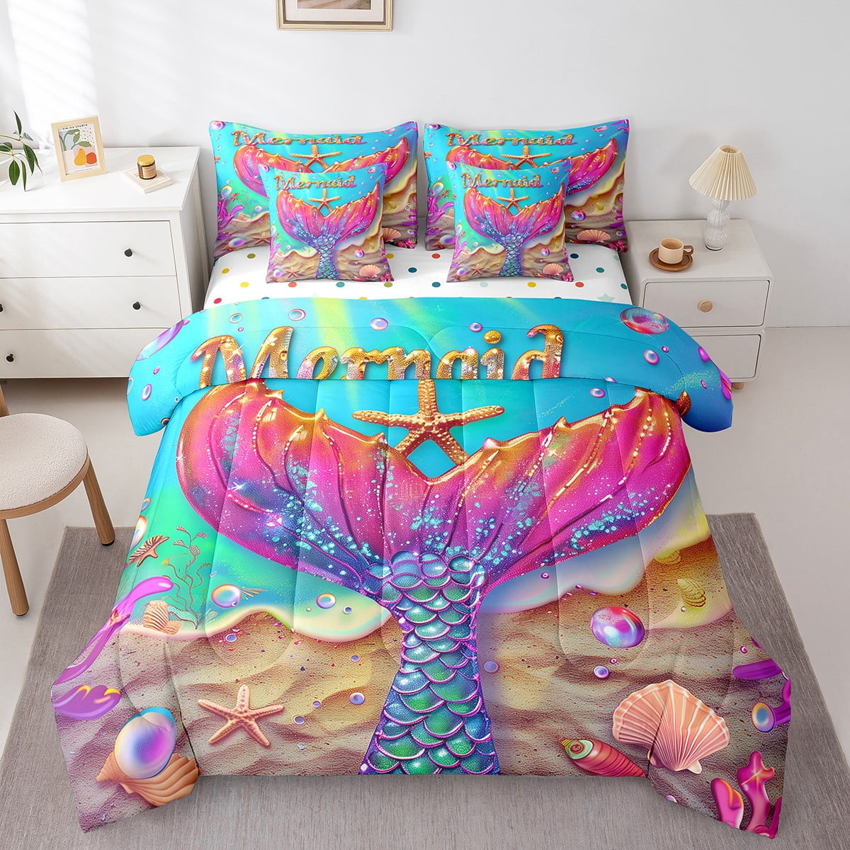 Mermaid Bed in a Bag King Size Comforter Set 7 Pieces,Pastel Mermaid ...