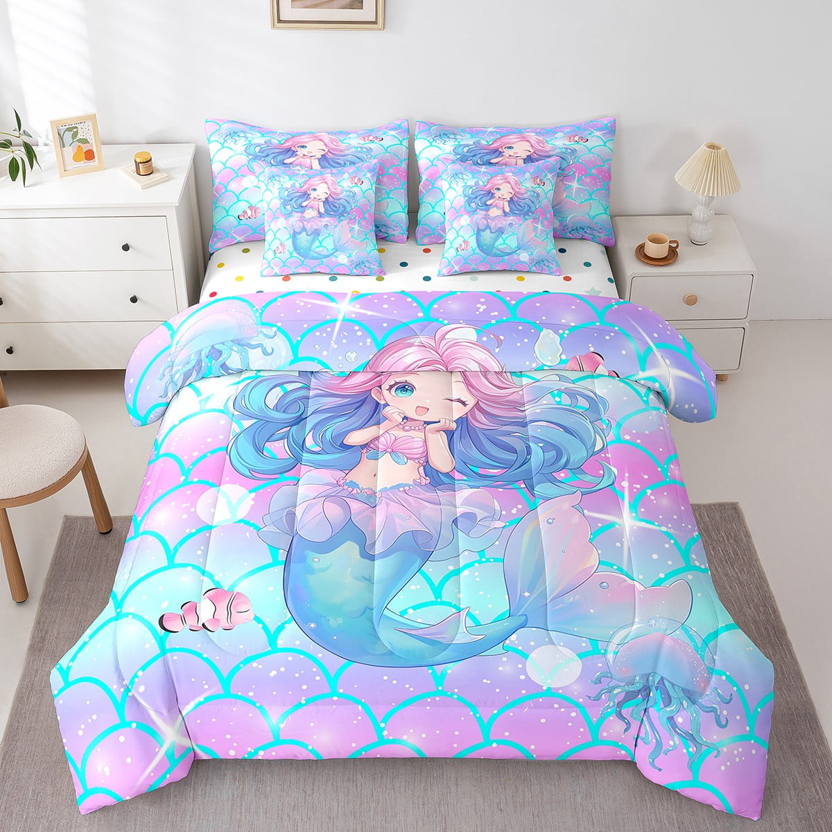 Little Mermaid Bed in a Bag King Size Comforter Set 7 Pieces,Kawaii ...