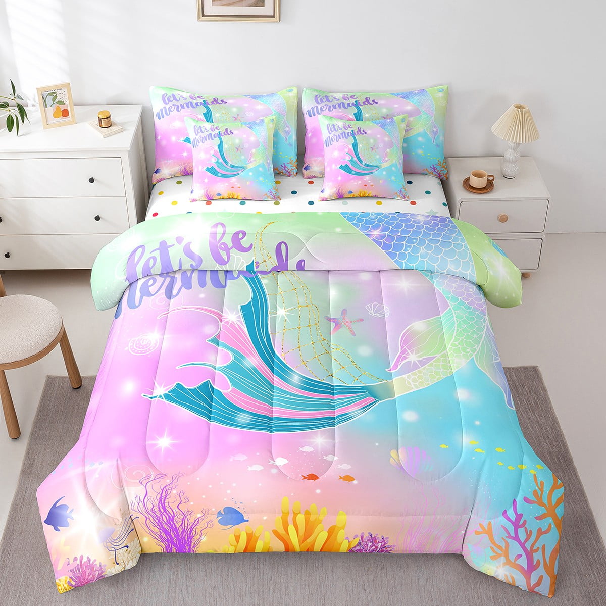 Mermaid Bed in a Bag Queen Comforter Set 7 Piece,Gradient Iridescent ...
