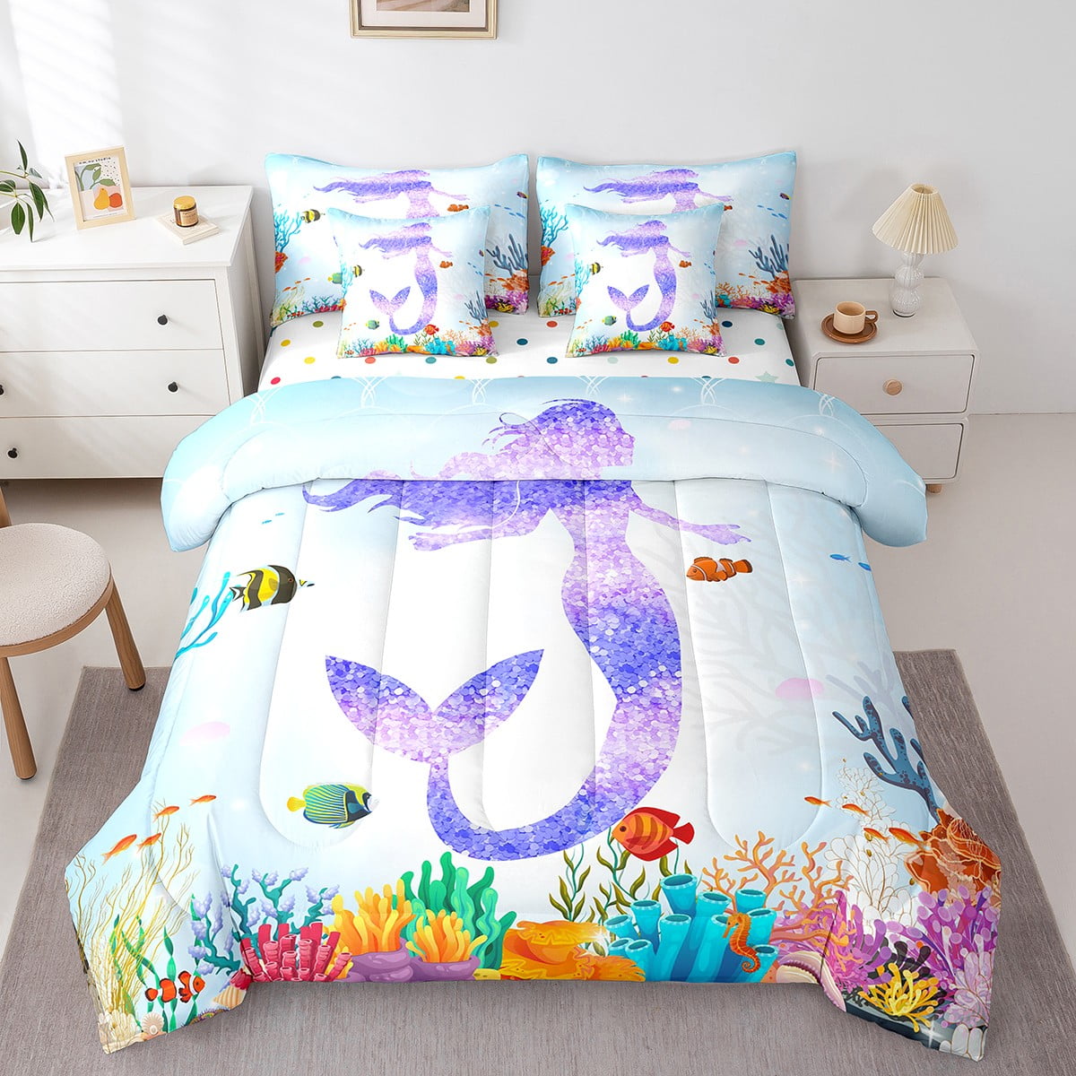 Mermaid Bed in a Bag Queen Comforter Set 7 Piece,Ocean Fish Bedding ...