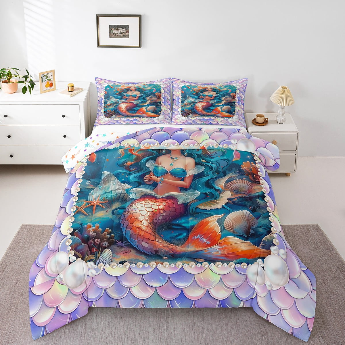 Little Mermaid Bedding Queen for Girls, Mermaid Comforter Set Sparkle ...