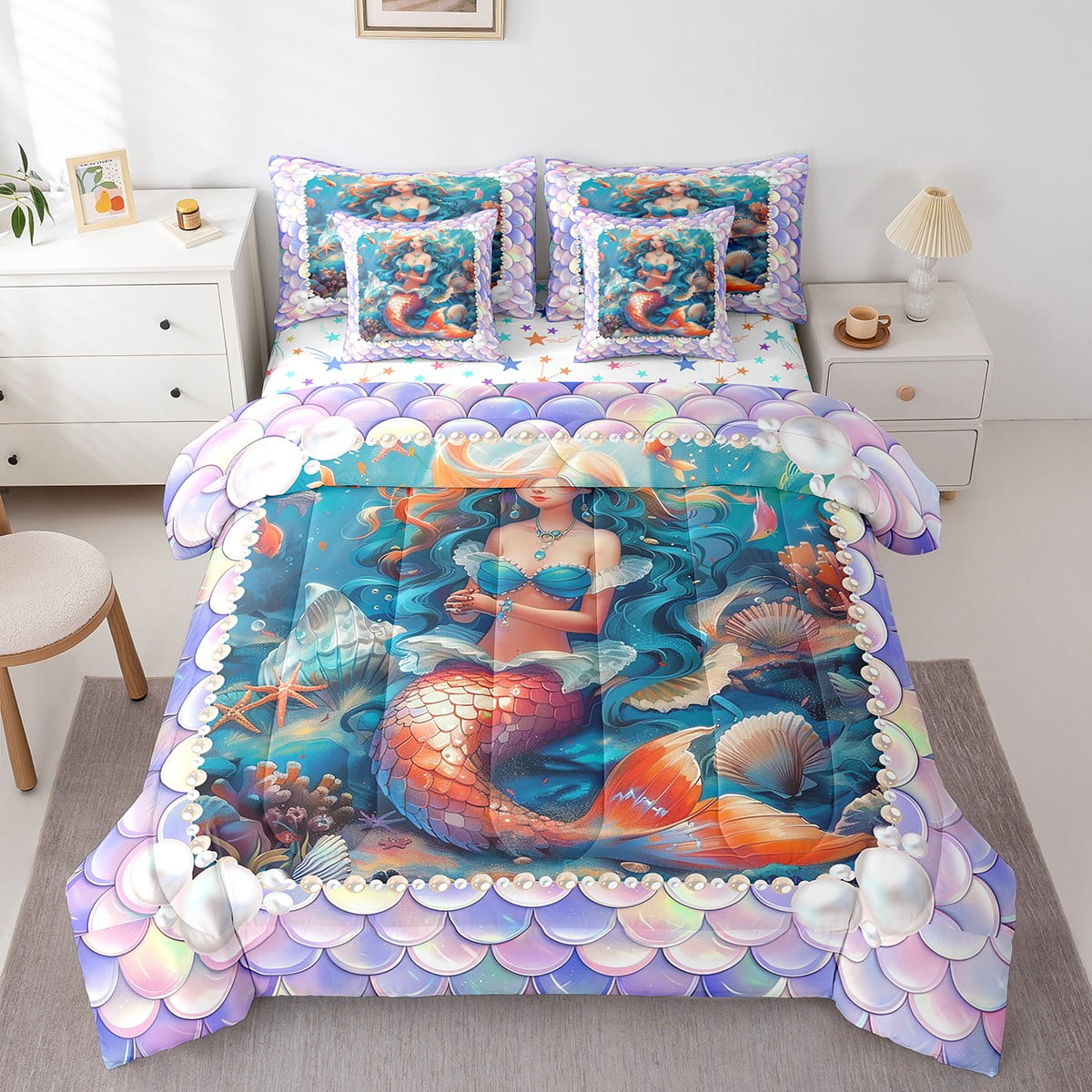 Little Mermaid Bedding Set Full for Girls 7 Pcs, Mermaid Bed in a Bag ...