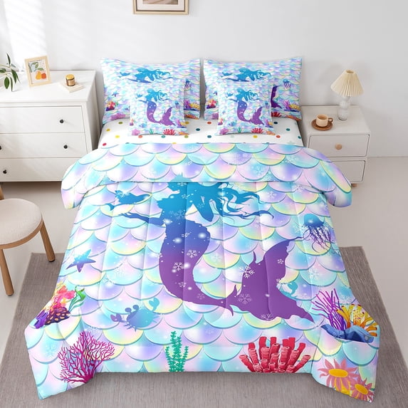 Mermaid Comforter Set 7 Piece Bed in a Bag Twin,Ocean Jellyfish Crab ...