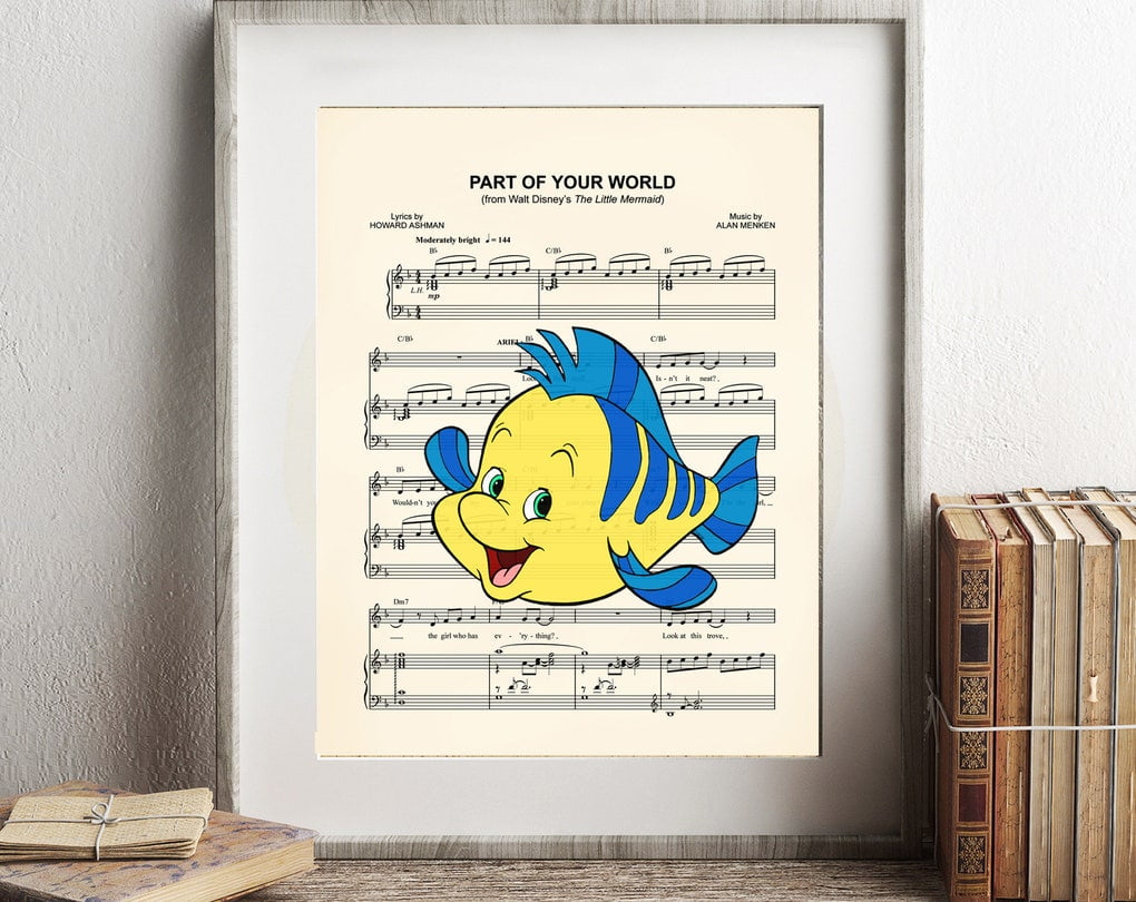 Little Mermaid Flounder Sheet Music Art Print ,Decor For Living Room ...