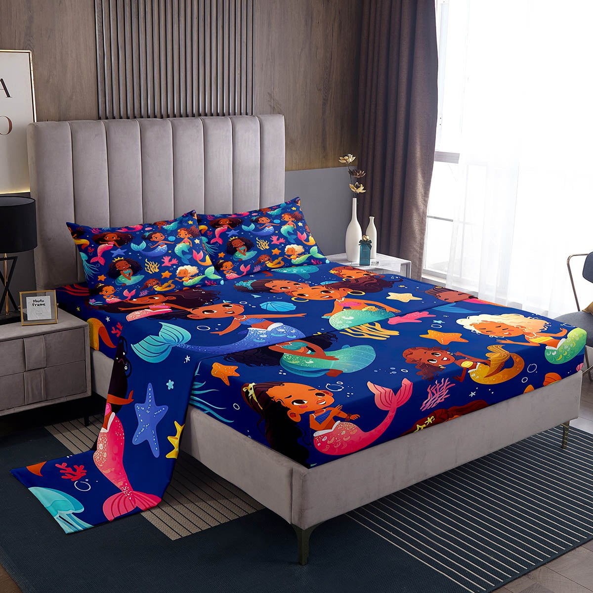 Mermaid Princess Bed Sheets Set Afro-American Girl Queen Sheet Set ...