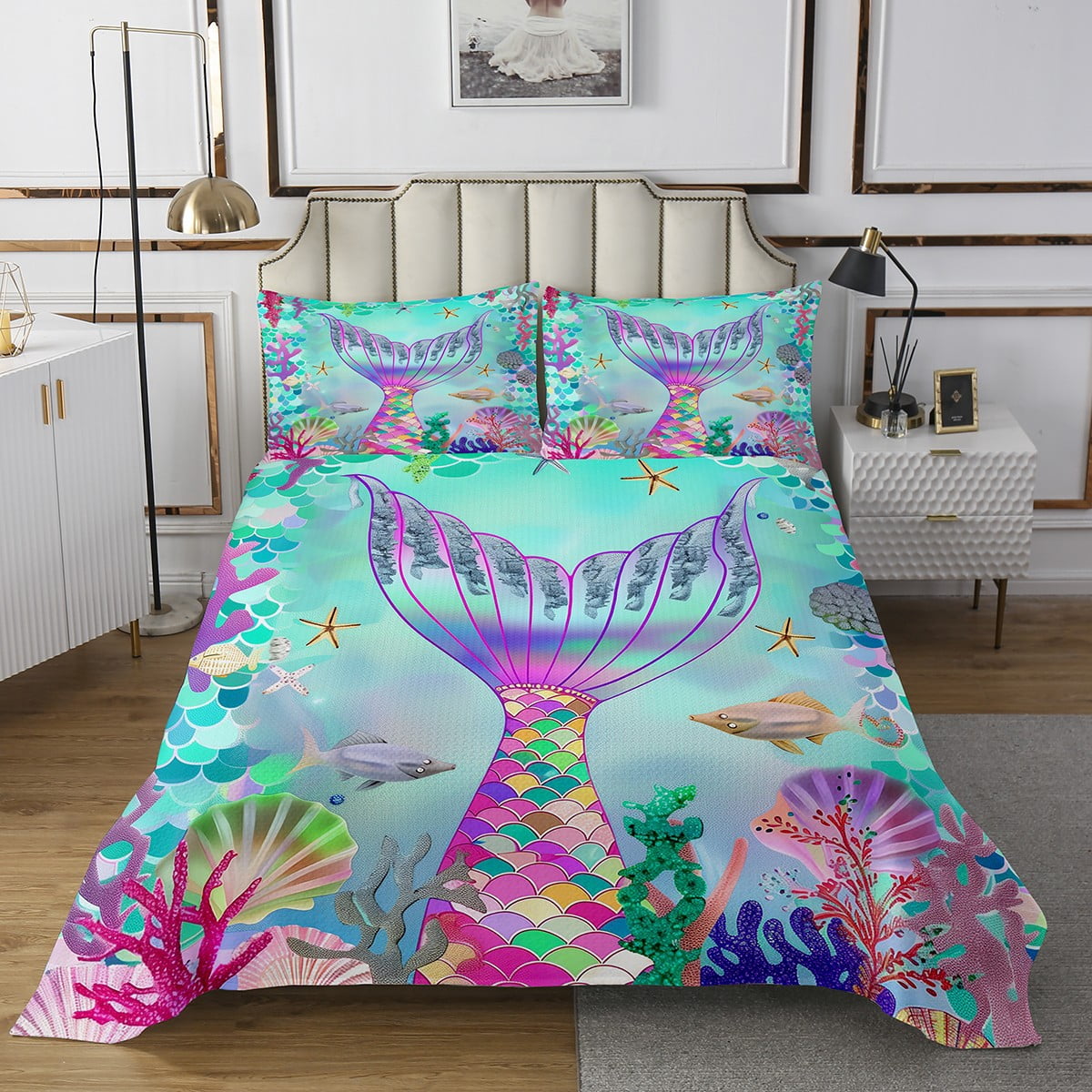 Mermaid Quilt Set Rainbow Coral Queen Bedspread Set,Watercolor Fish ...