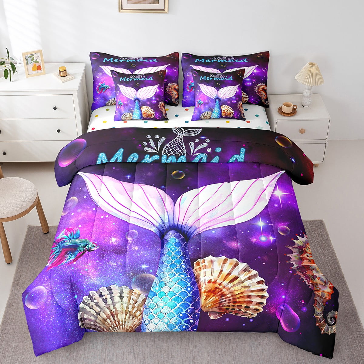 Mermaid Tail Bed in a Bag Queen Comforter Set 7 Piece,Glitter Fish ...
