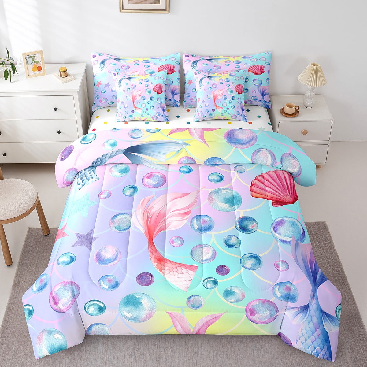 Mermaid Tail Bed in a Bag Queen Comforter Set 7 Piece,Gradient Teal ...