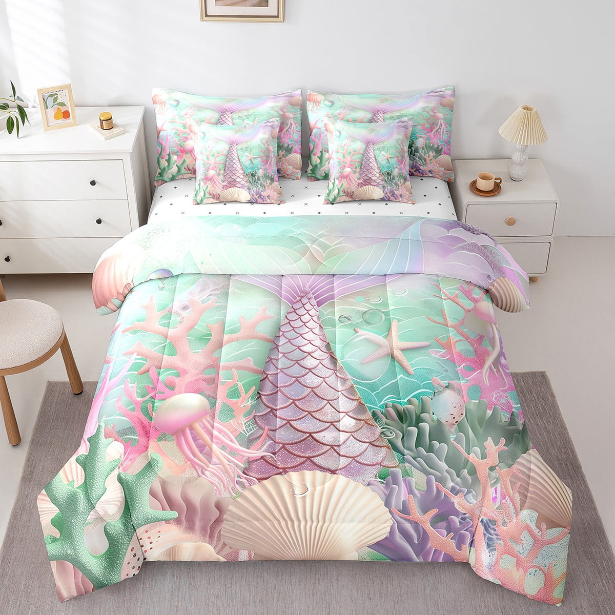 Little Mermaid Tail Comforter Set 7 Piece Bed in a Bag Twin,Jellyfish ...