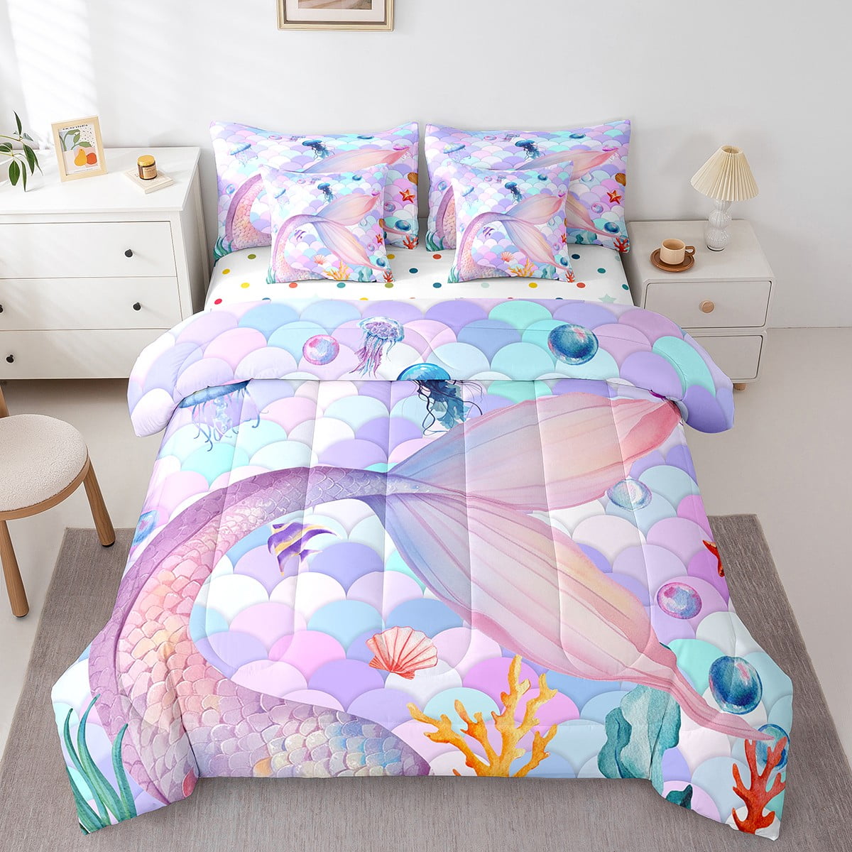 Mermaid Tail Comforter Set 7 Piece Bed in a Bag Twin,Dreamy Fish Scale ...