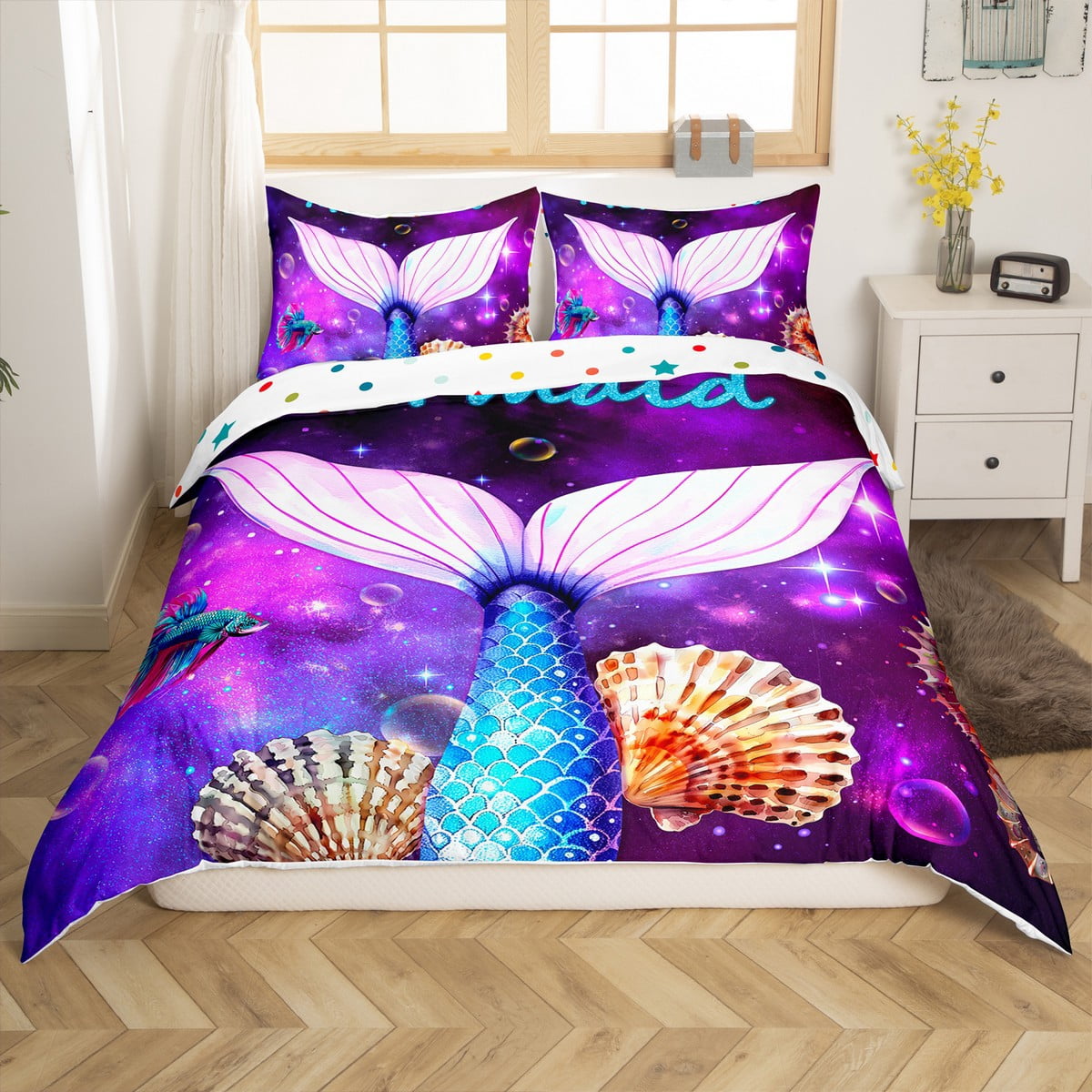 Little Mermaid Tail Duvet Cover Set Glitter Fish Scales Twin Bedding ...